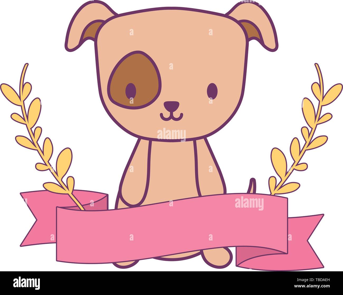 cute dog animal with ribbon decoration and branches vector illustration ...
