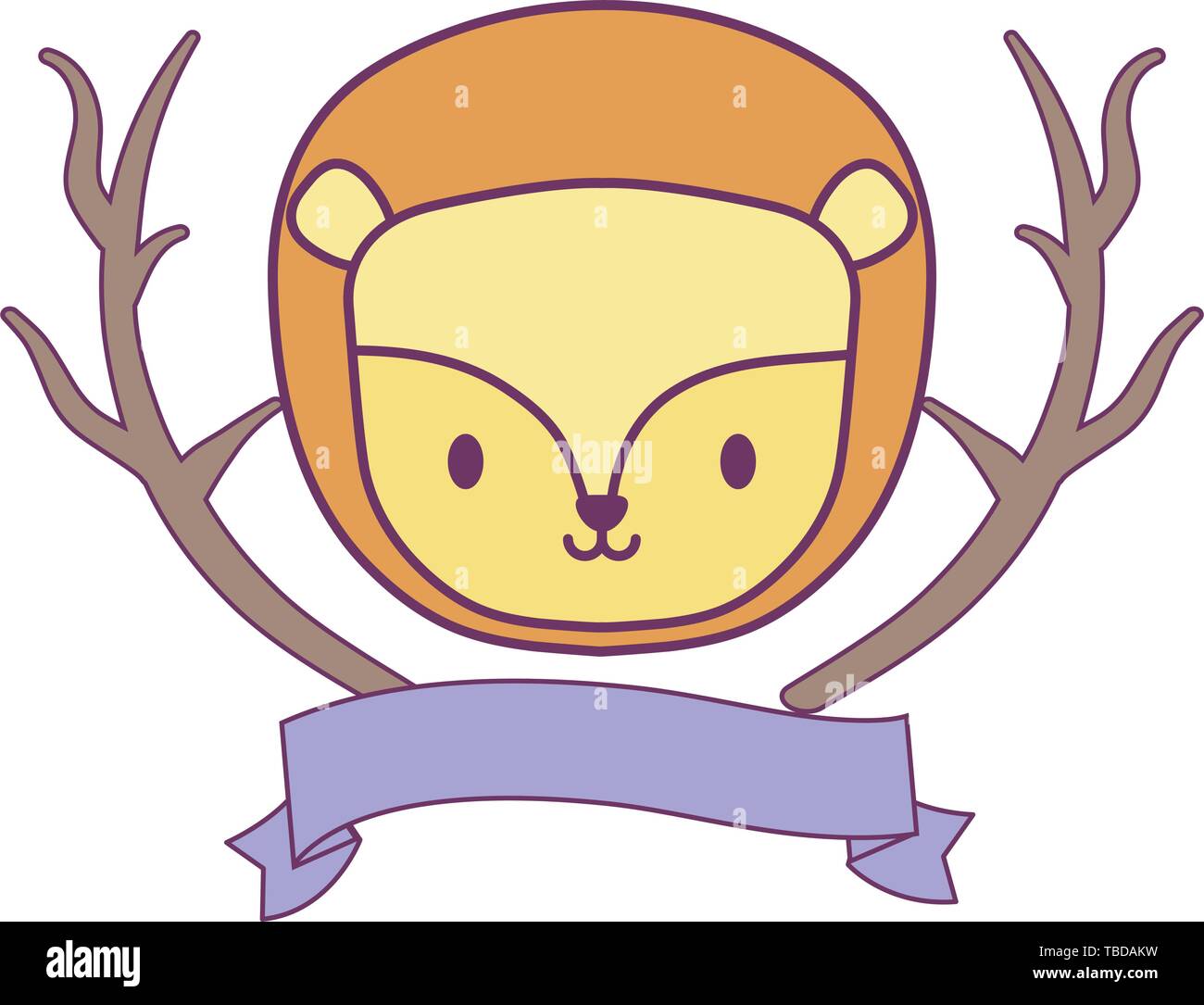 head of cute lion with tree branches and ribbon vector illustration ...