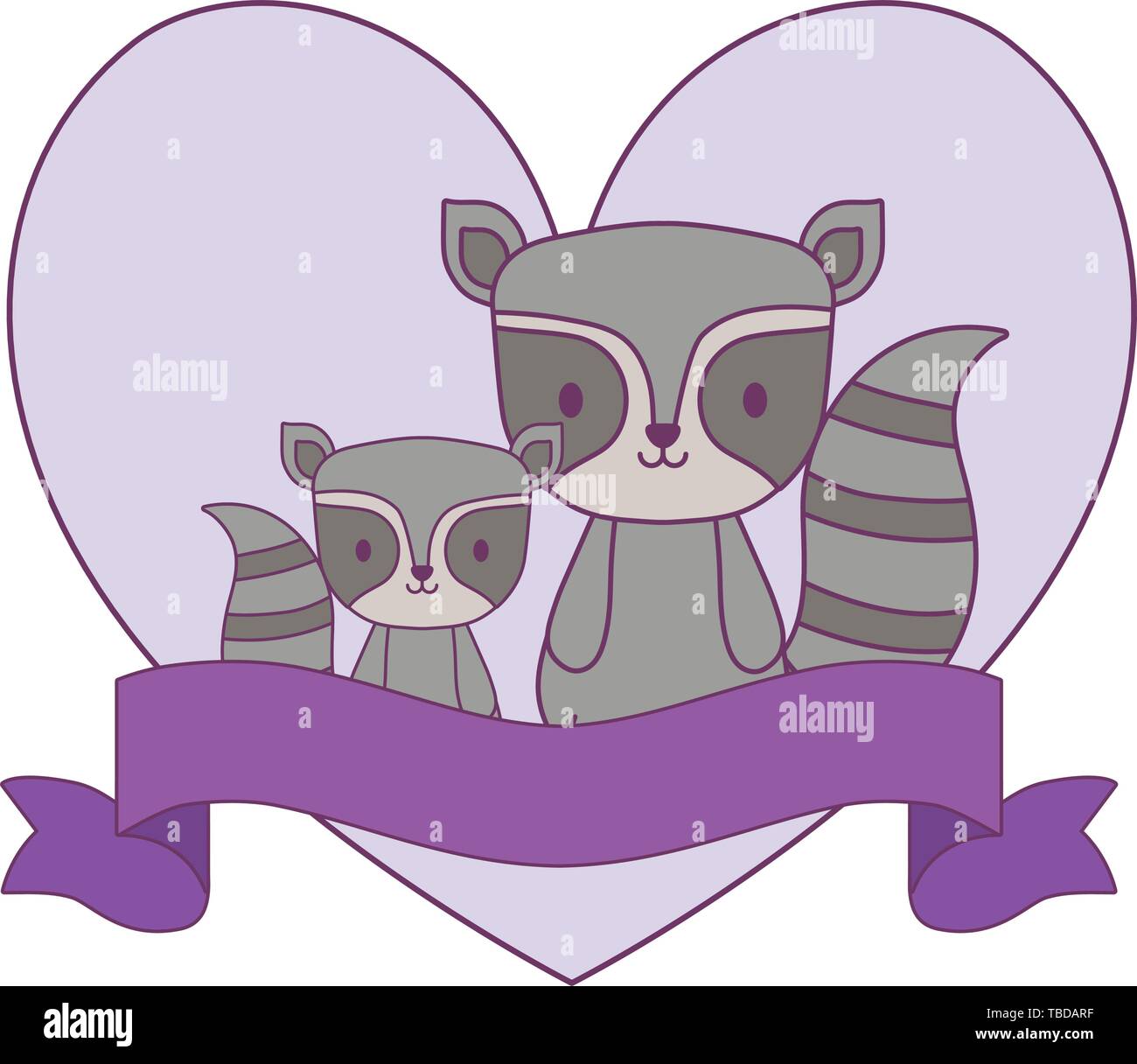 group of raccoons in frame with heart shape and ribbon vector ...