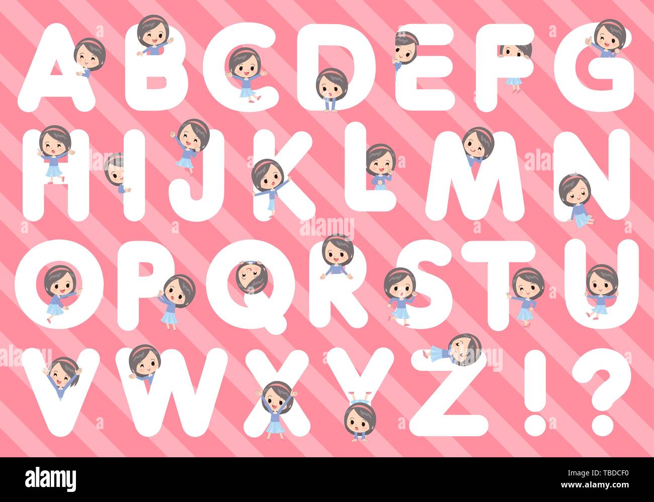 A set of girl designed with alphabet.Characters with fun expressions ...