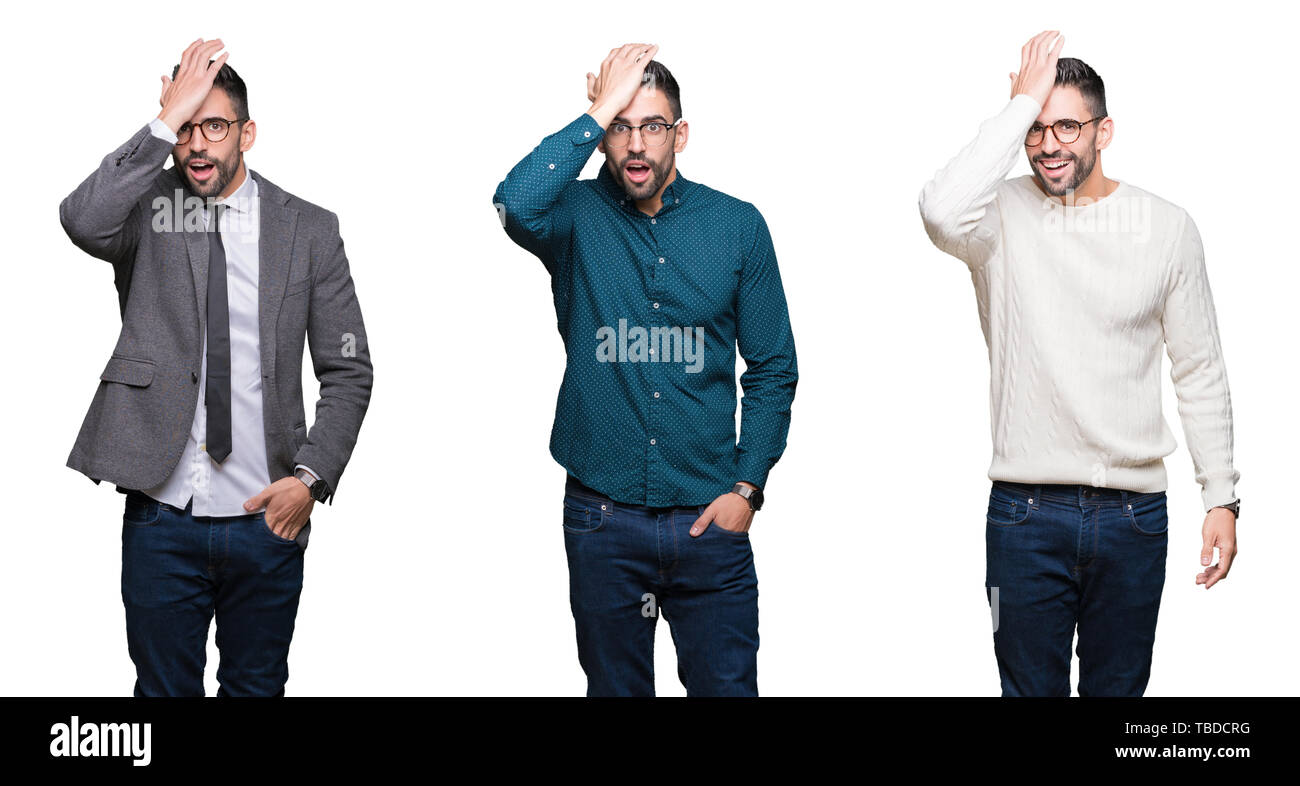Collage of handsome business man over white isolated background ...