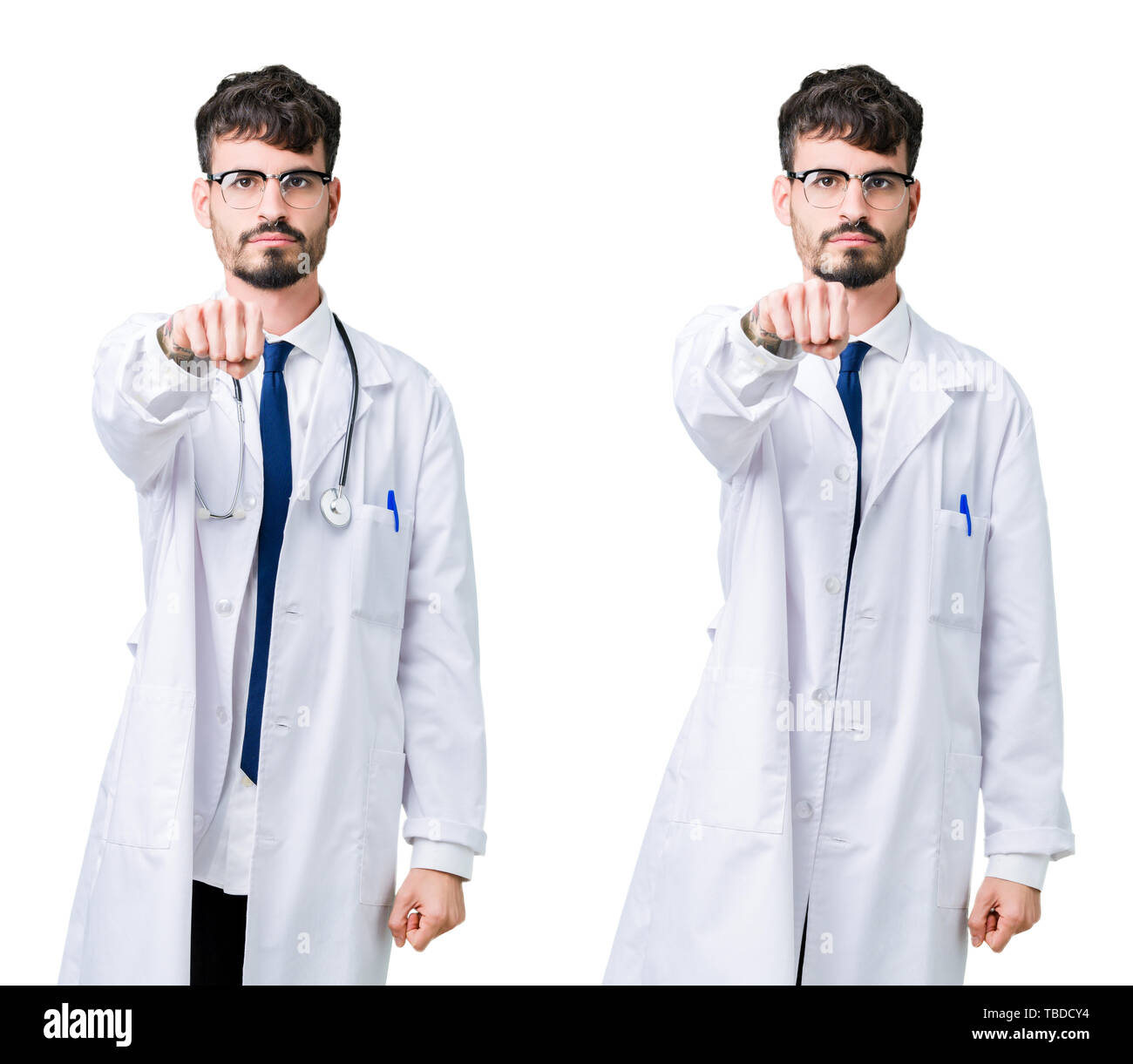 Collage of young doctor man wearing medical coat Punching fist to fight ...