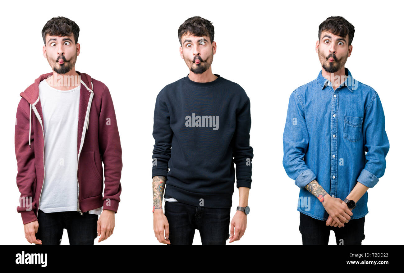 Collage of young man over isolated background making fish face with ...