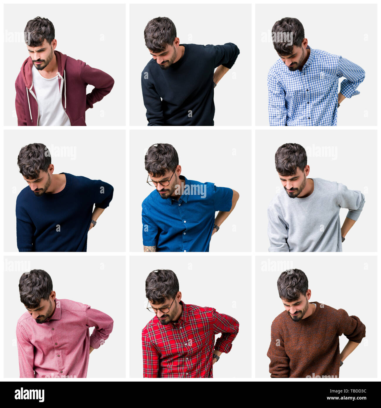 Collage of young man over isolated background Suffering of backache ...