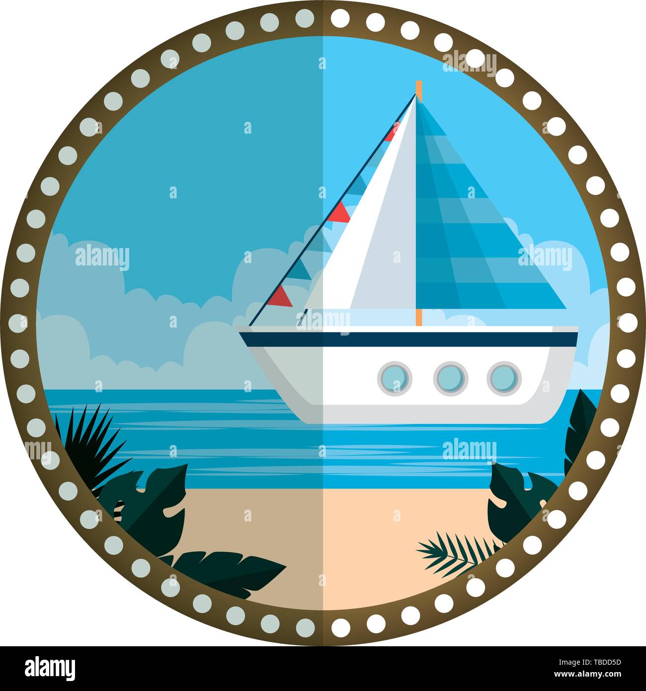 circular frame with summer beach and sailboat Stock Vector Image & Art ...