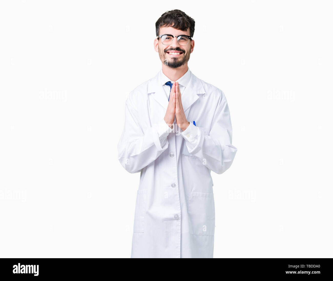 Young professional scientist man wearing white coat over isolated ...