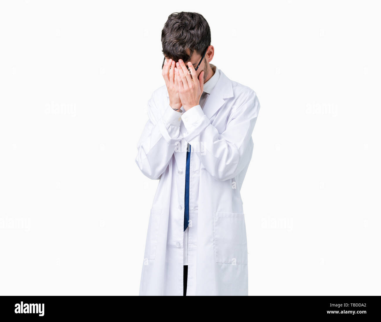 Young professional scientist man wearing white coat over isolated ...
