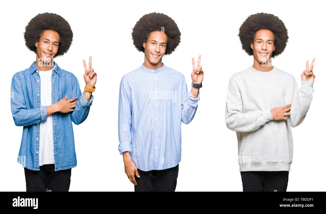 Collage of young man with afro hair over white isolated background ...