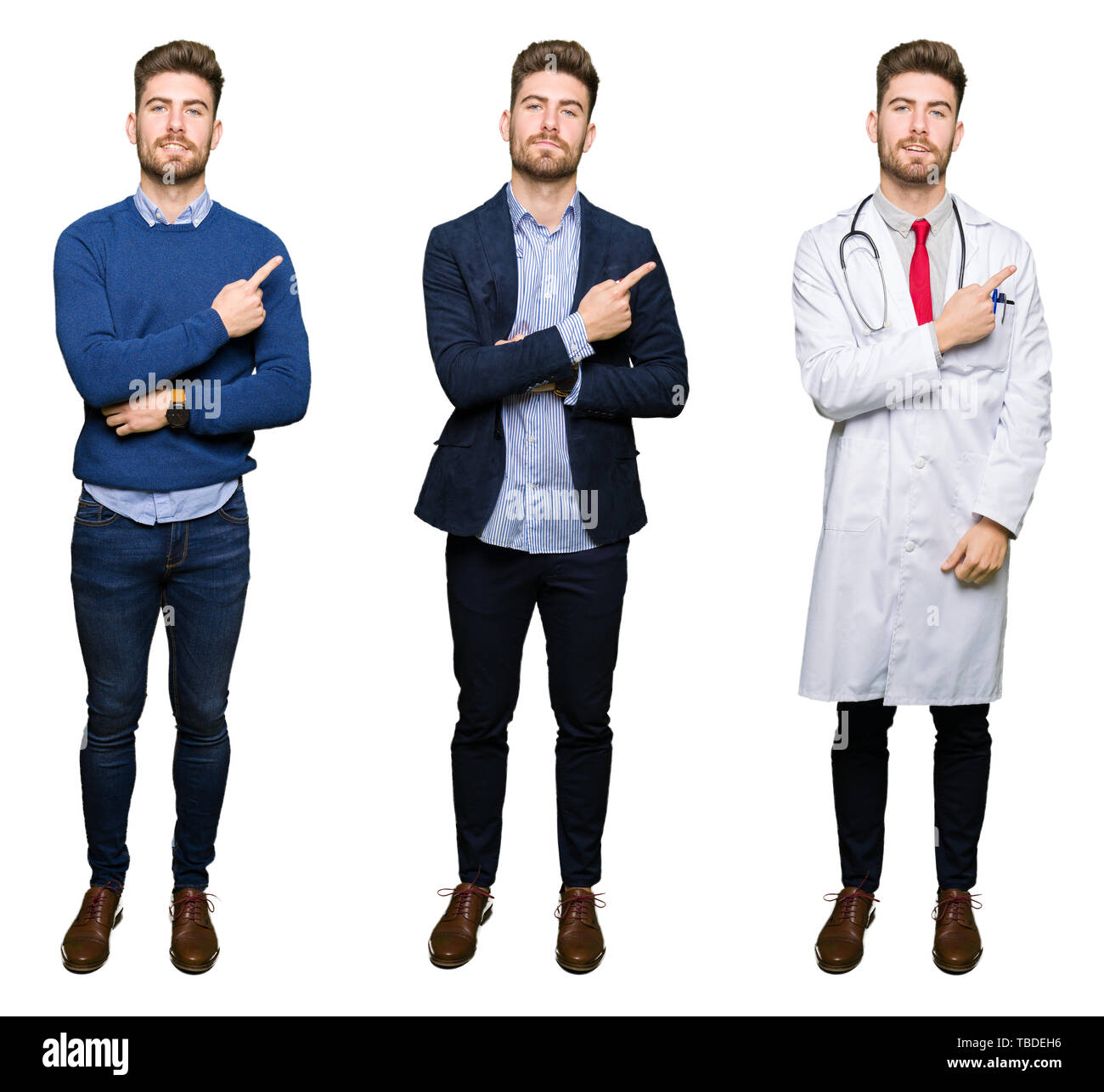 Collage of handsome young professional man over white isolated ...