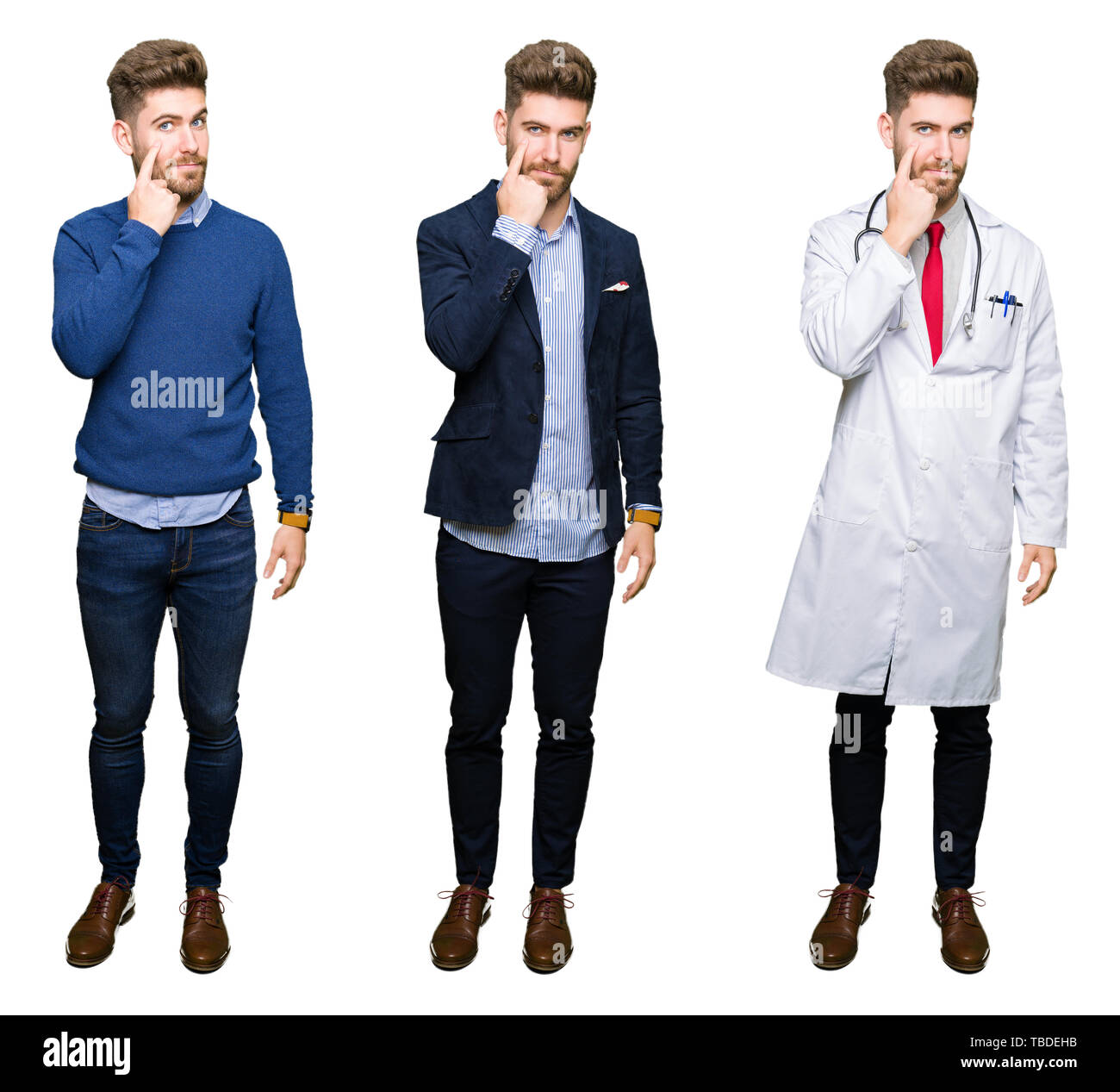 Collage of handsome young professional man over white isolated ...