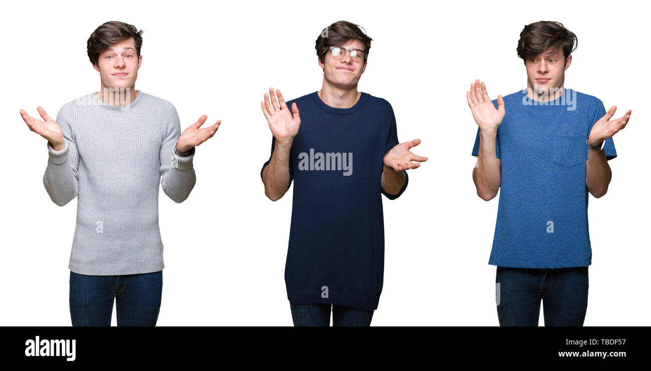 Collage of young man over white isolated background clueless and ...