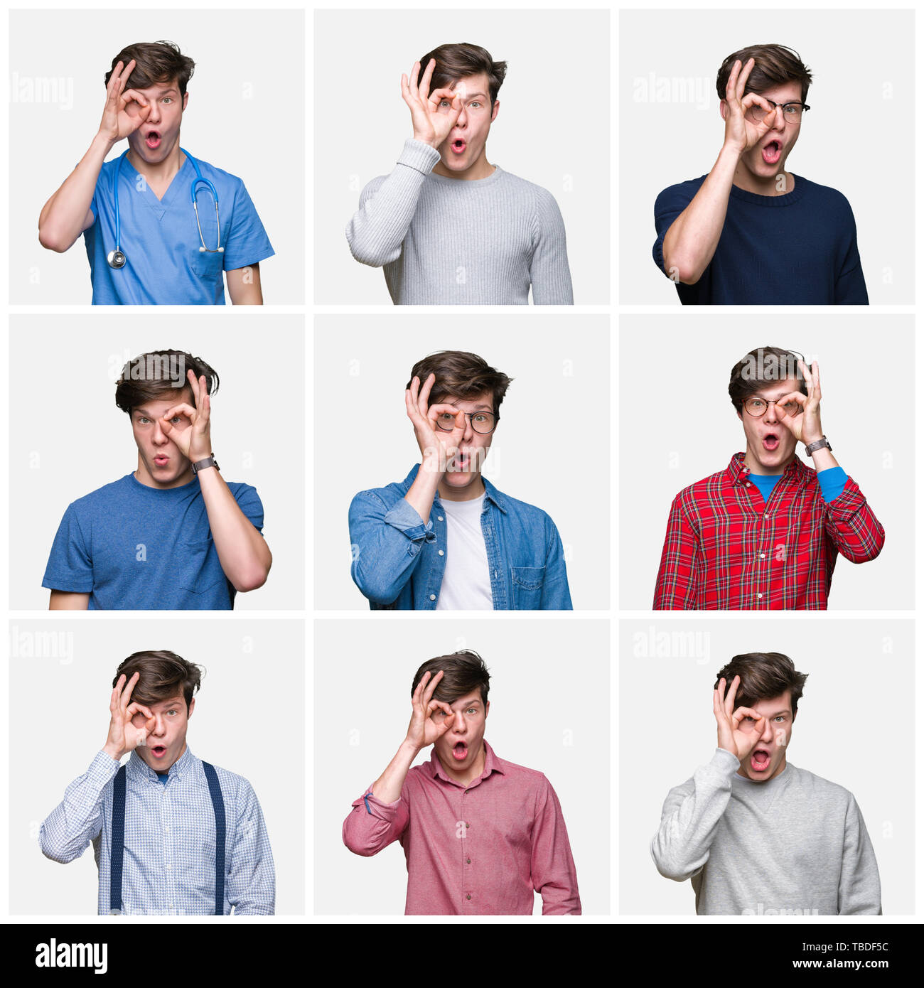 Collage of young man over white isolated background doing ok gesture ...