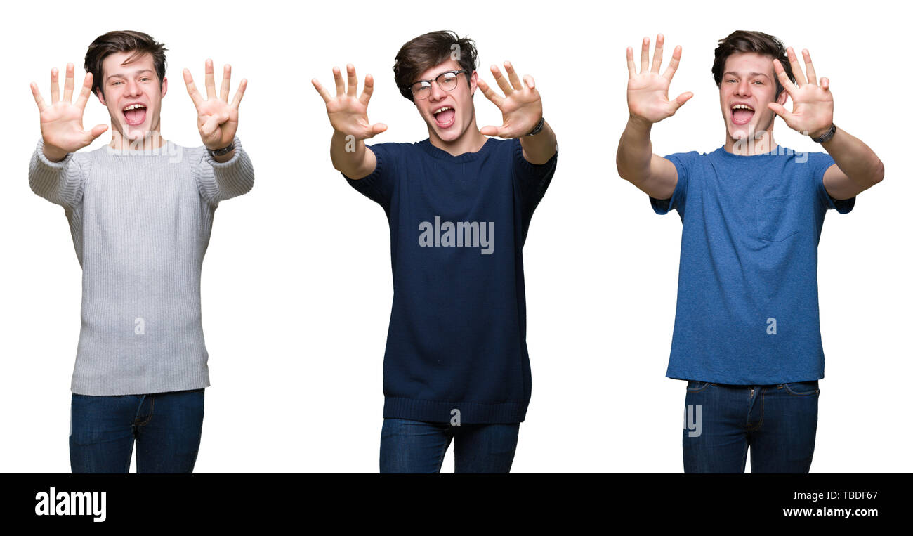 Collage of young man over white isolated background showing and ...