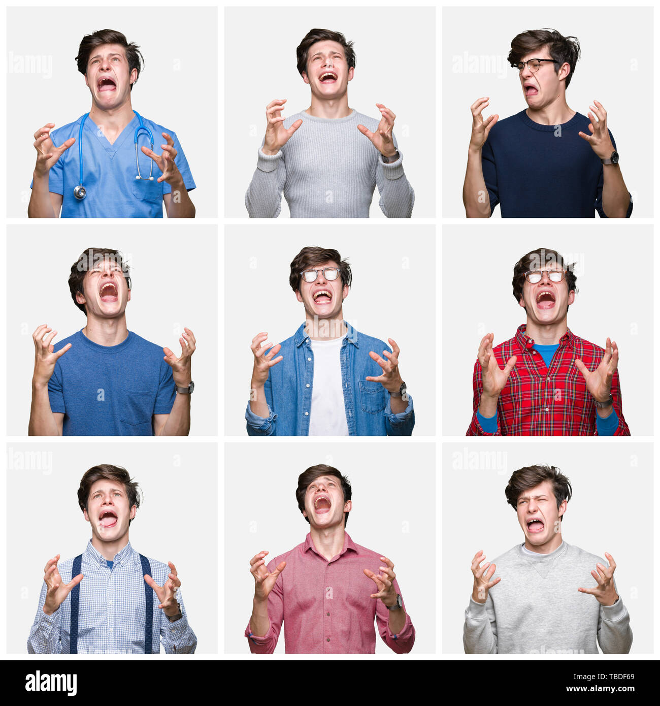 Collage of young man over white isolated background crazy and mad ...