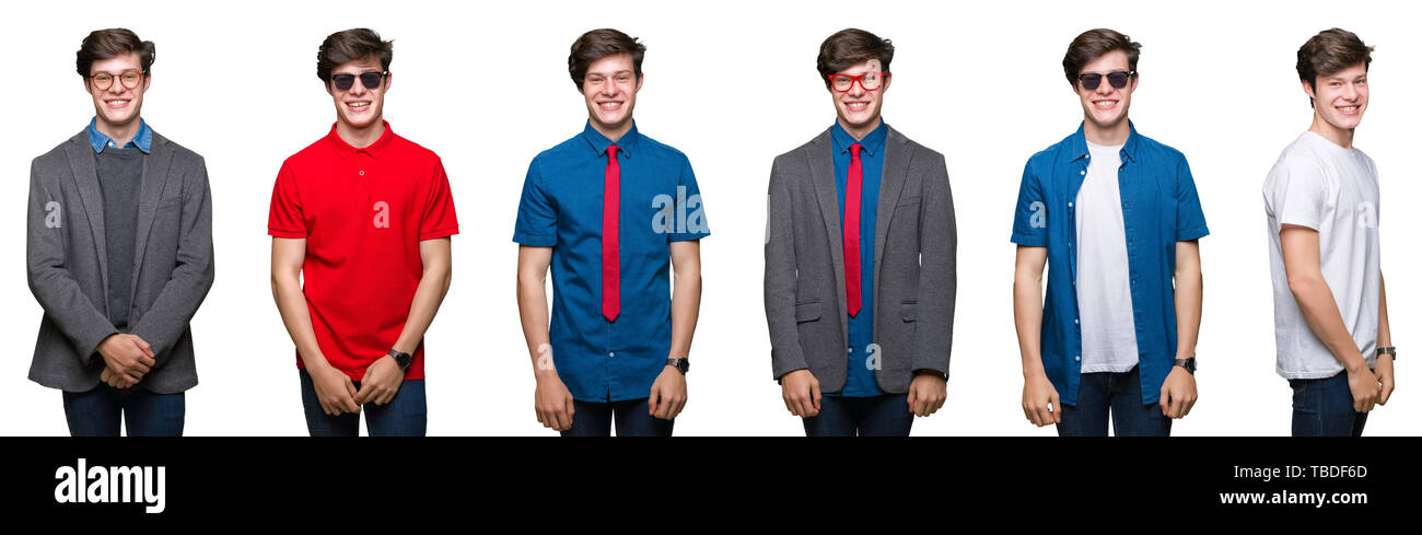 Collage of young man over white isolated background with a happy and ...