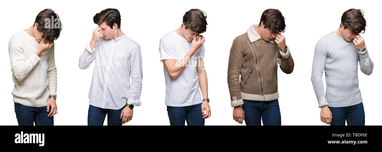 Collage of young man over white isolated background tired rubbing nose ...