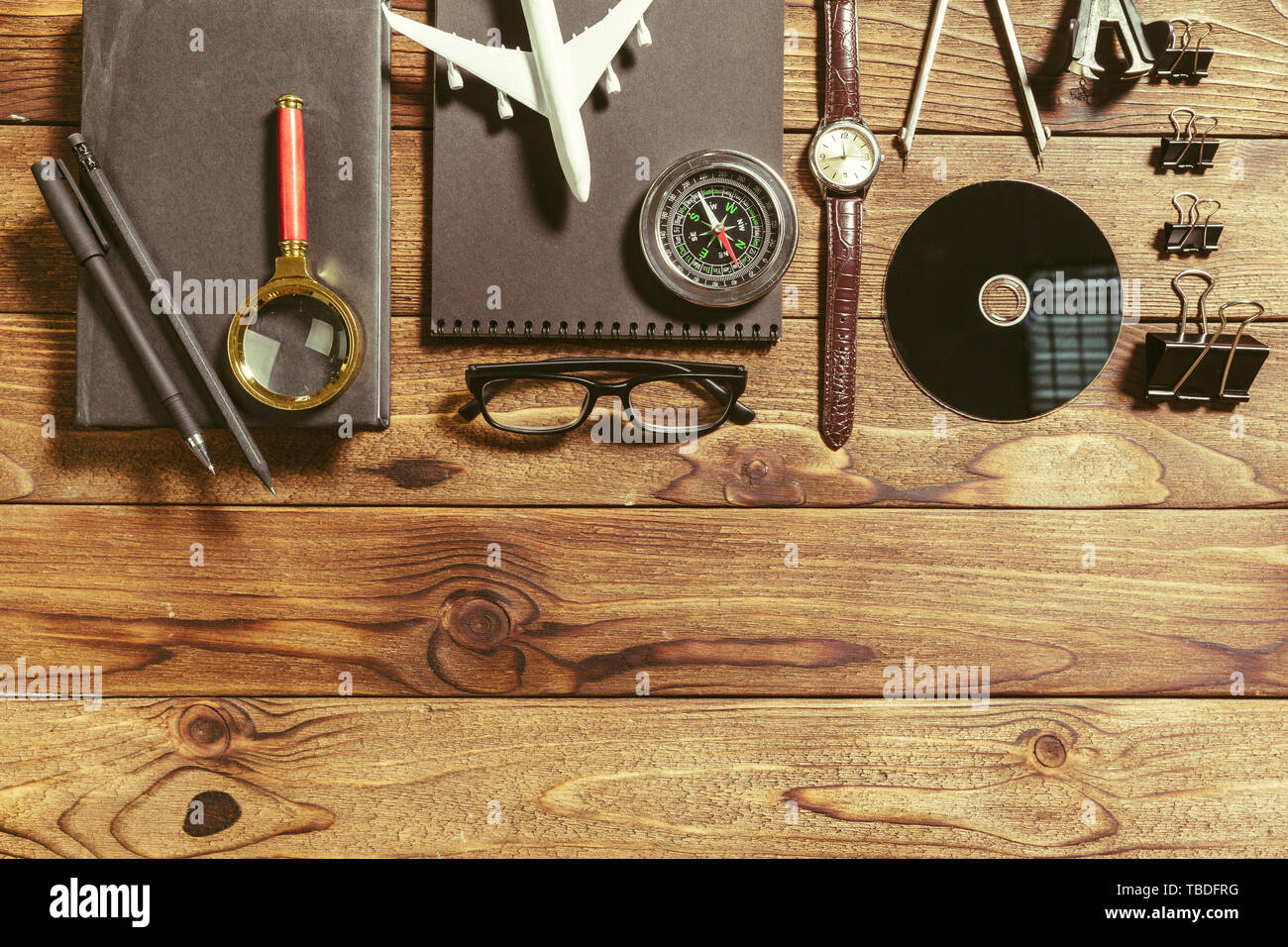 wooden desk with office tools Stock Photo - Alamy