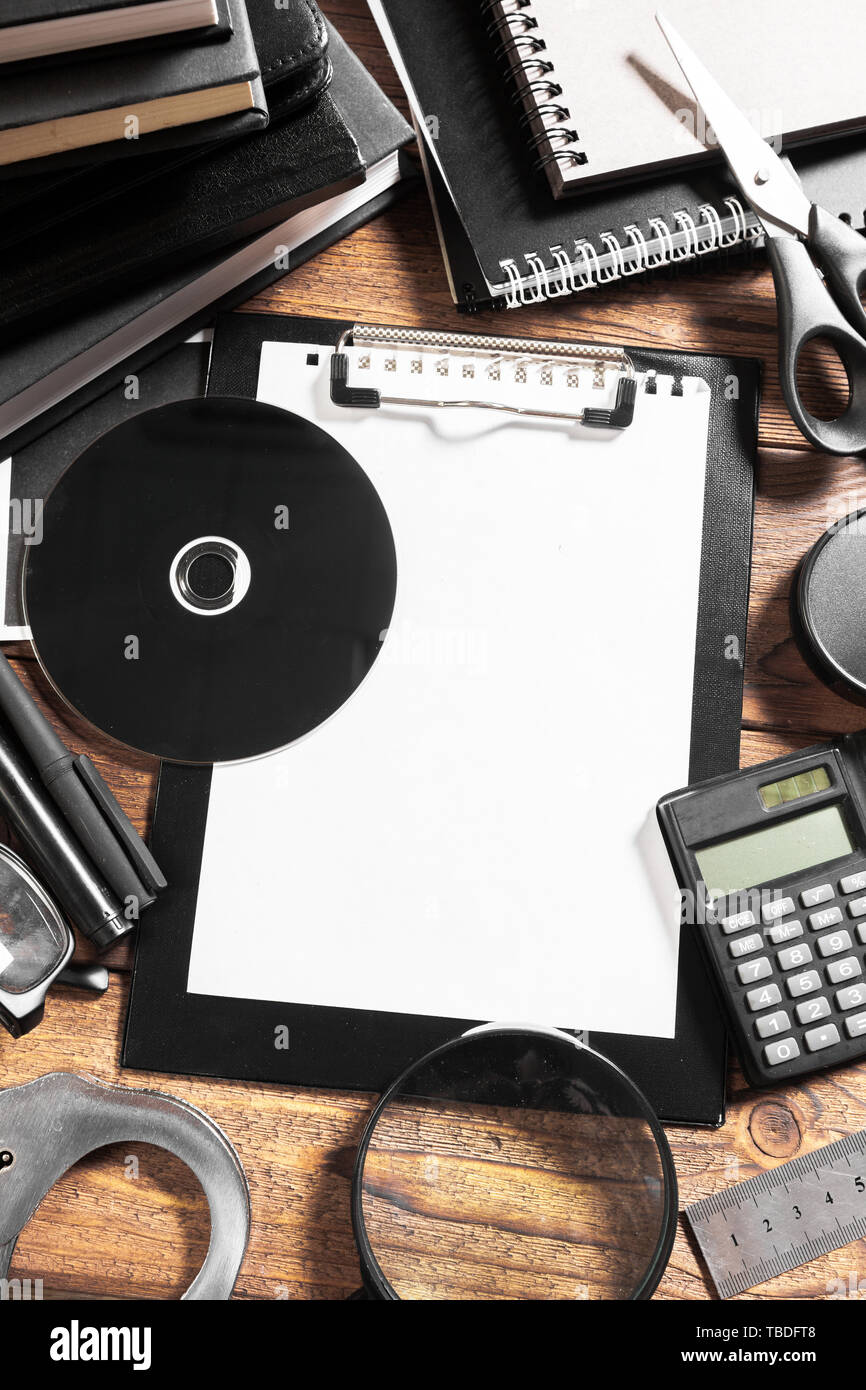 wooden desk with office tools Stock Photo - Alamy