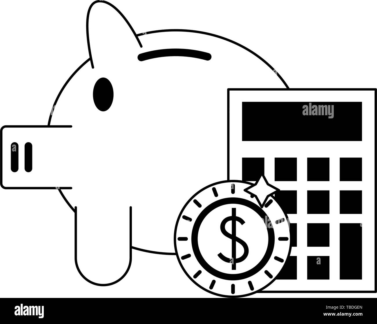 Piggy money savings with calculator in black and white Stock Vector ...