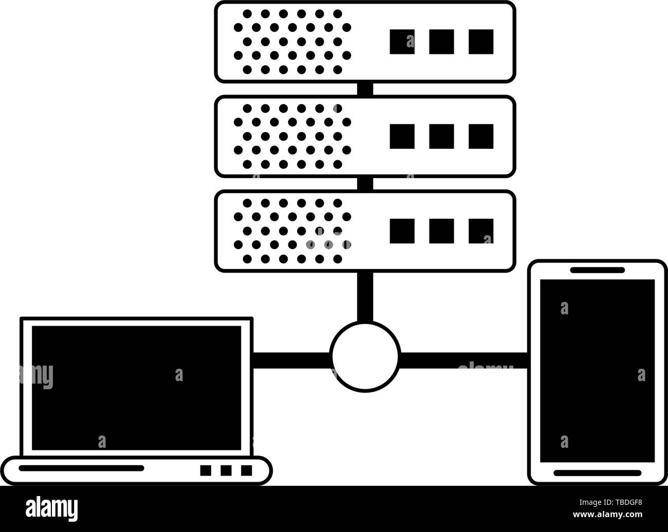 Laptop and smartphone connected to database servers in black and white ...