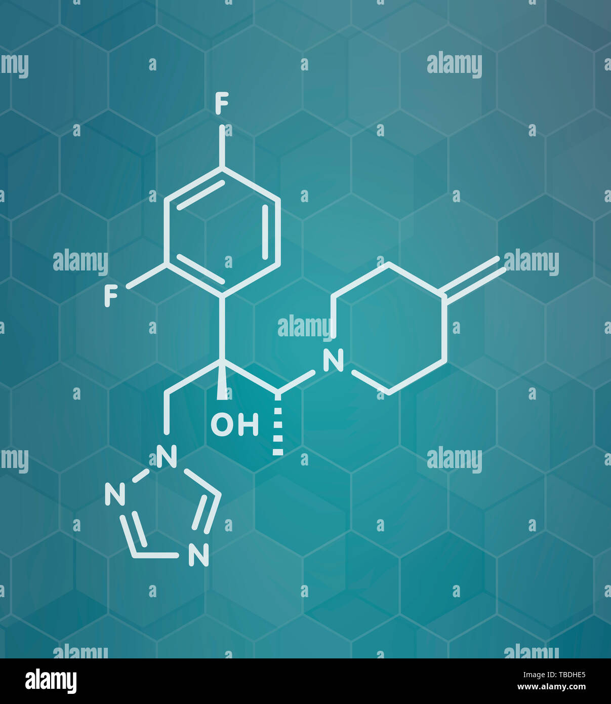 Efinaconazole antifungal drug molecule. White skeletal formula on dark ...