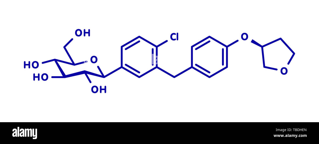 Empagliflozin diabetes drug molecule. Blue skeletal formula on white ...
