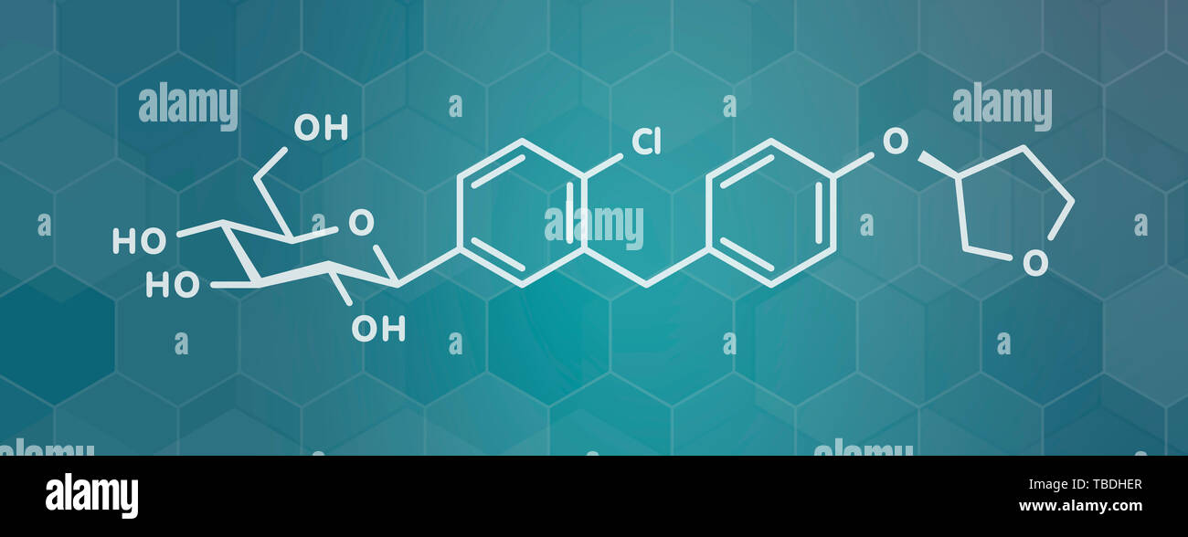 Empagliflozin diabetes drug molecule. White skeletal formula on dark ...