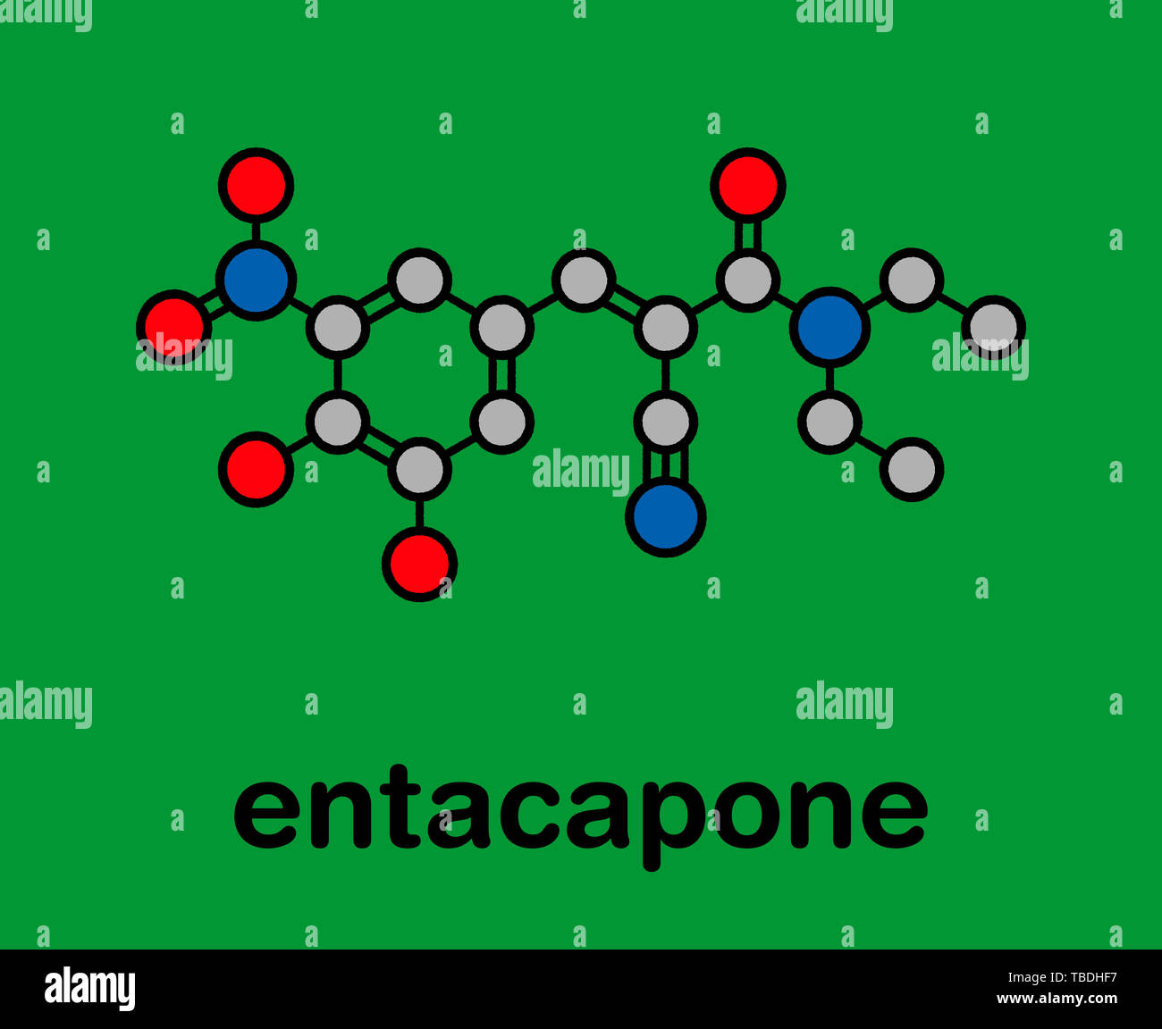 Entacapone Parkinson's disease drug molecule. Stylized skeletal formula ...