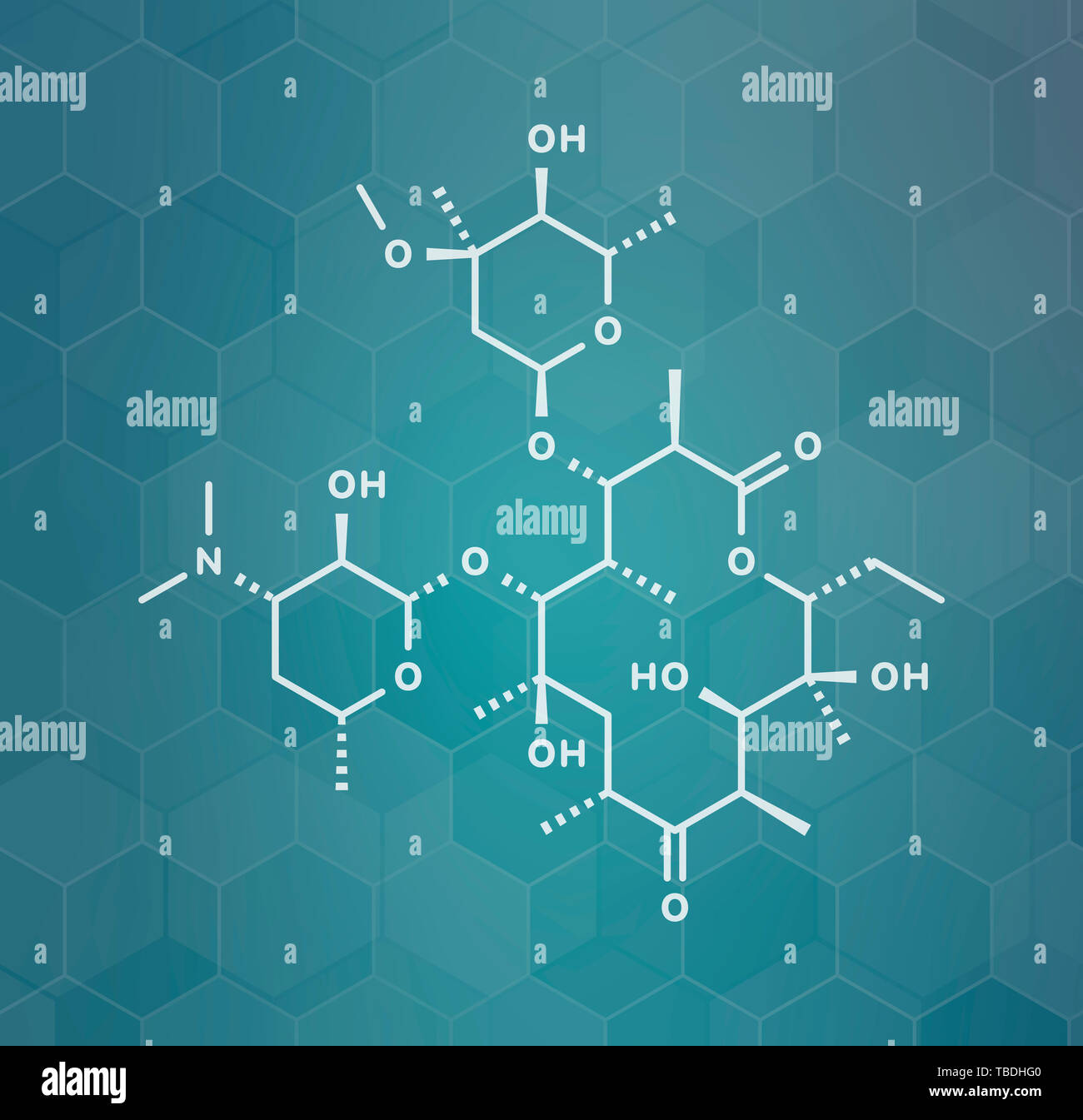 Erythromycin antibiotic drug molecule (macrolide class). White skeletal ...