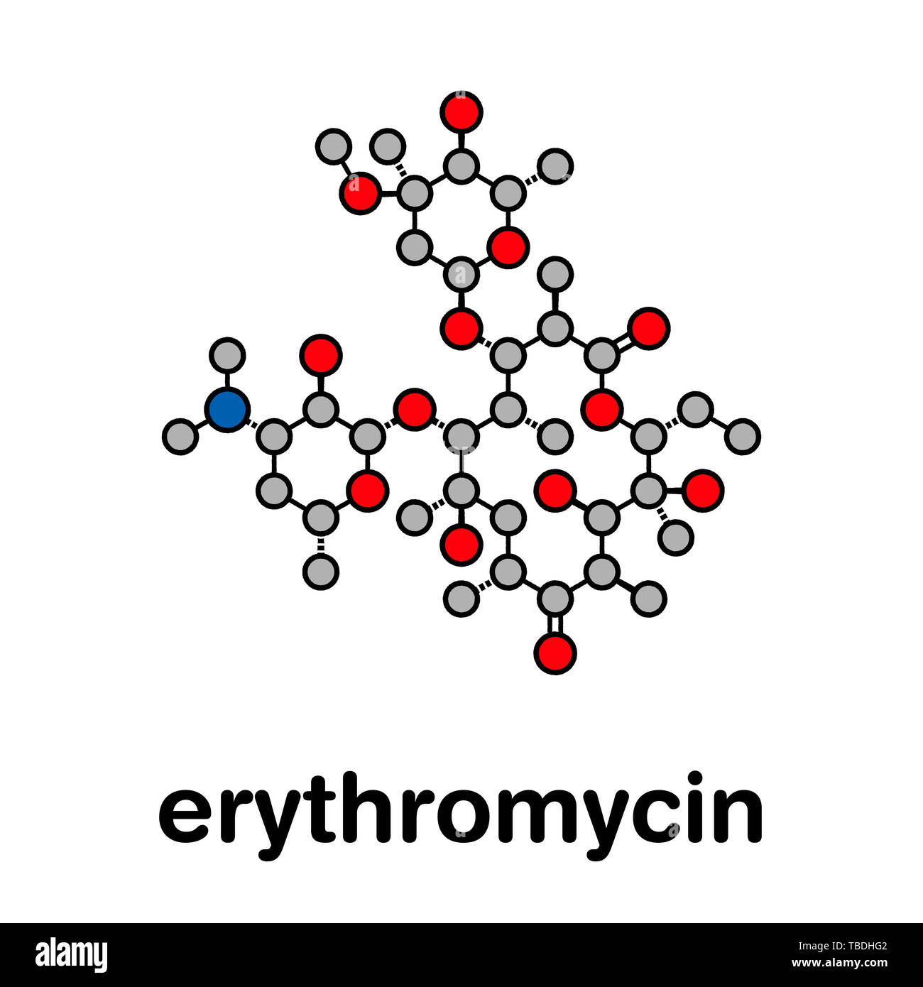 Erythromycin antibiotic drug (macrolide class) molecule. Stylized ...