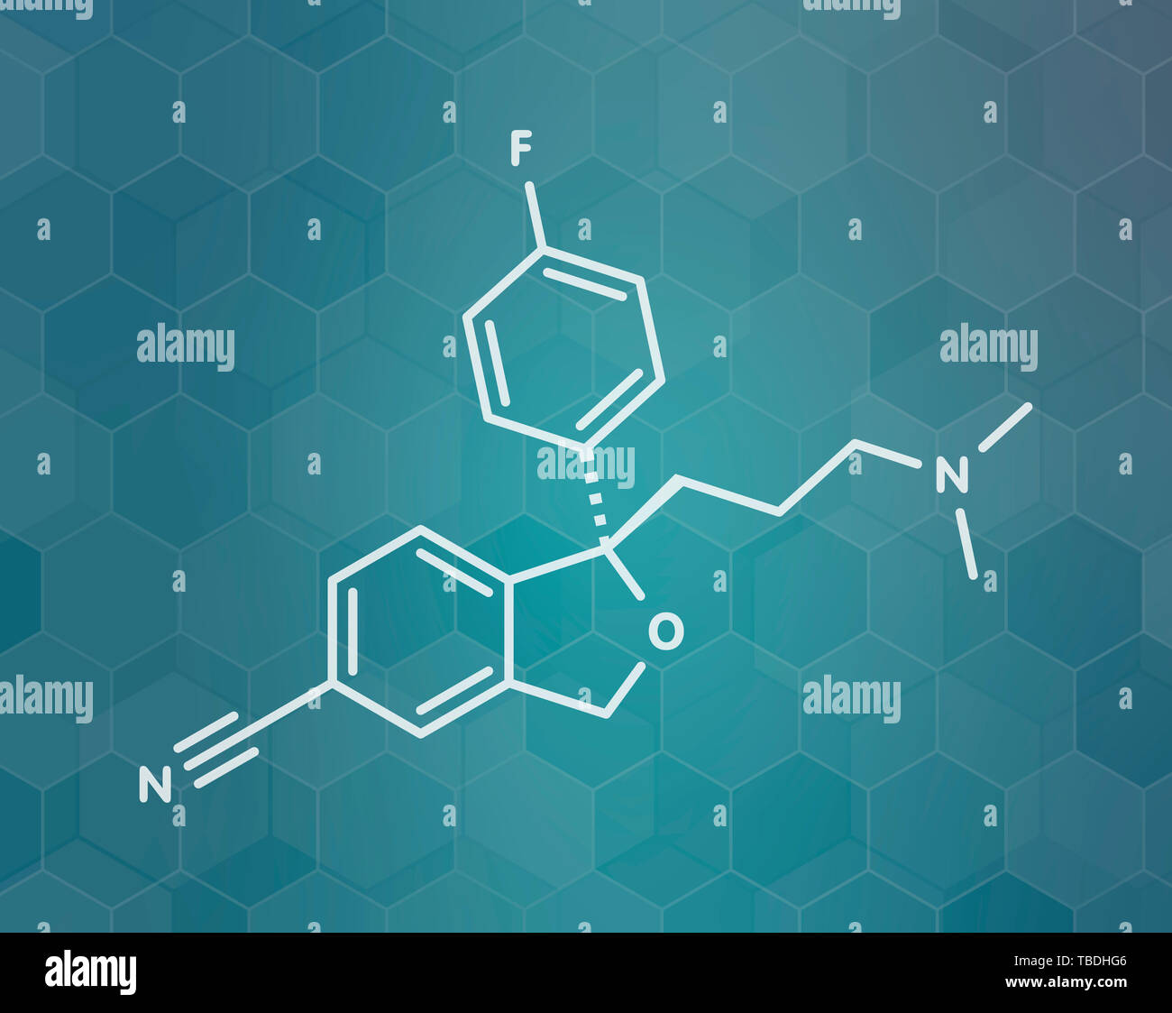 Escitalopram antidepressant drug (SSRI class) molecule. White skeletal ...