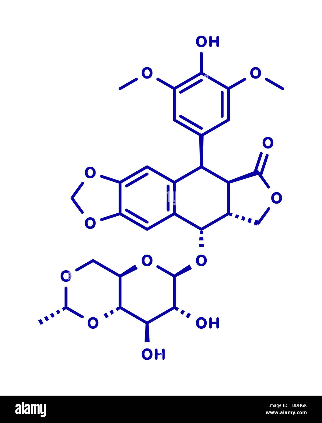 Etoposide cancer chemotherapy drug molecule. Blue skeletal formula on ...