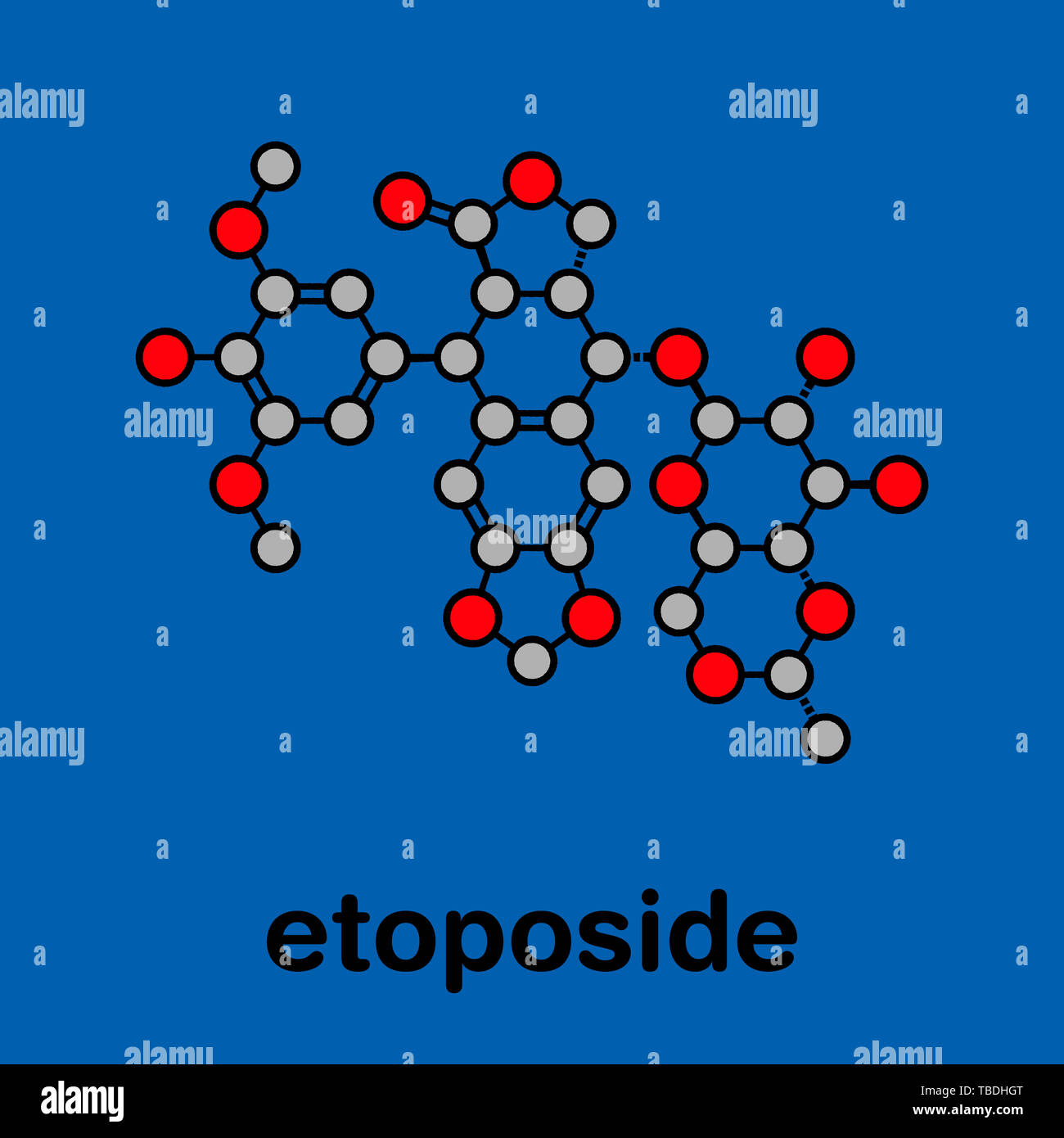 Etoposide cancer chemotherapy drug molecule. Stylized skeletal formula ...
