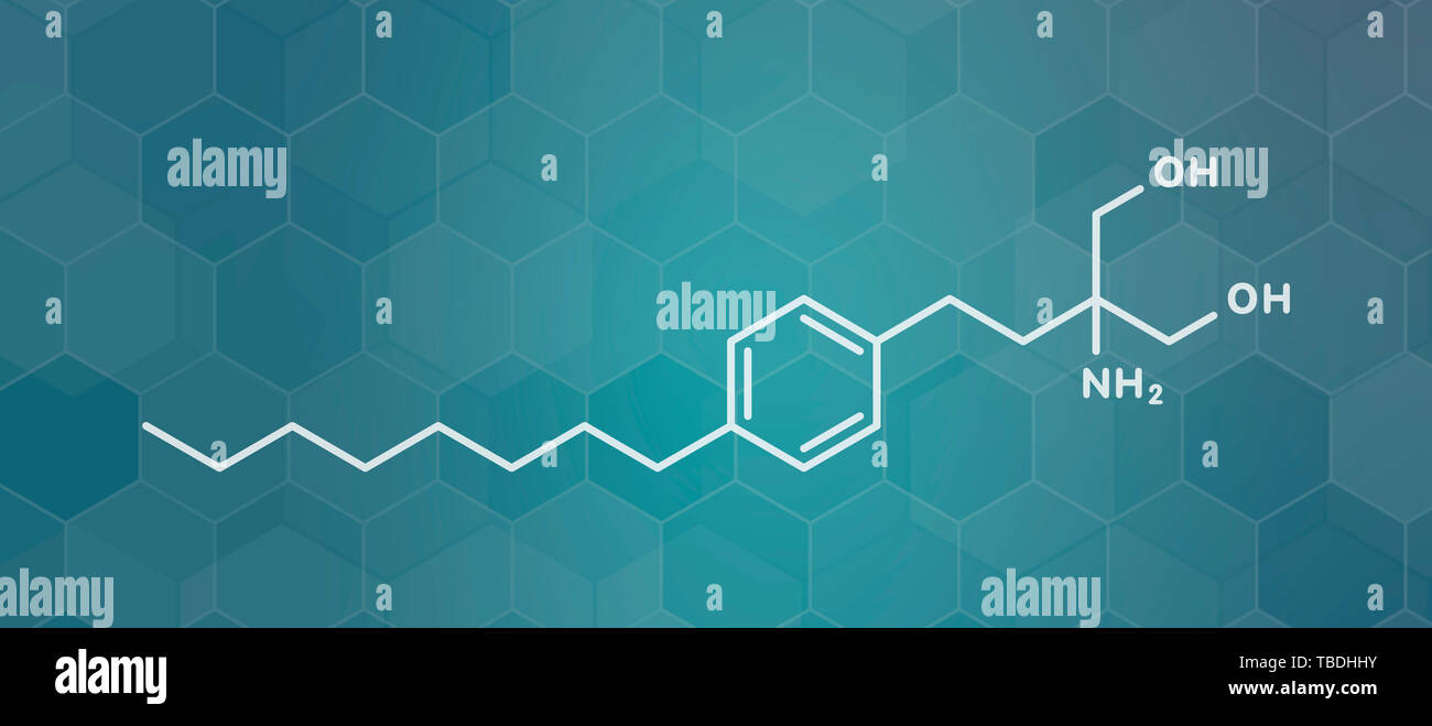 Fingolimod multiple sclerosis (MS) drug molecule. White skeletal ...