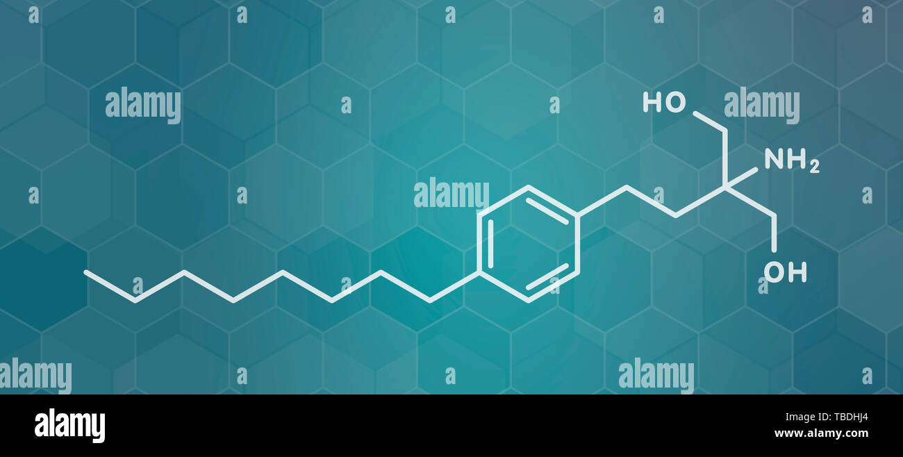 Fingolimod multiple sclerosis (MS) drug molecule. White skeletal ...