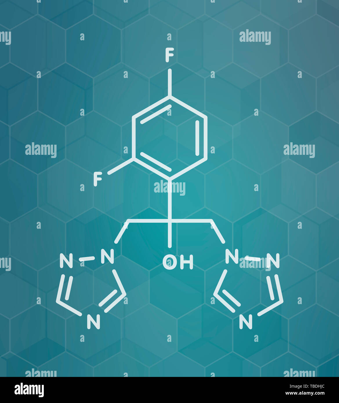 Fluconazole antifungal drug (triazole class) molecule. White skeletal ...