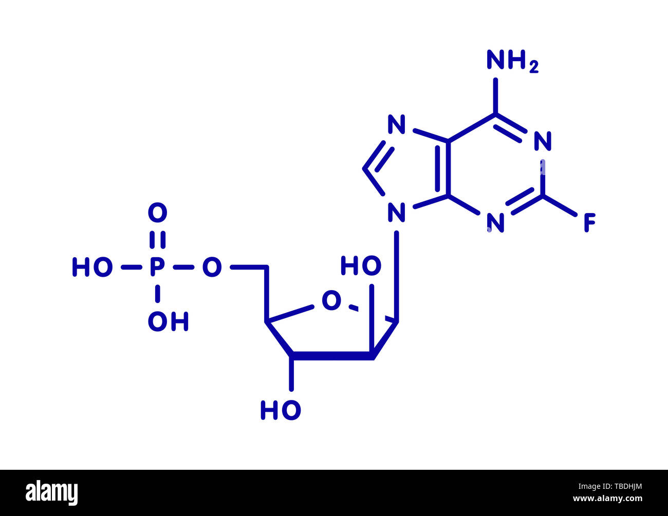 Fludarabine blood cancer drug molecule. Blue skeletal formula on white ...