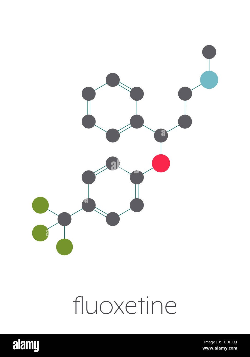 Fluoxetine antidepressant drug (SSRI class) molecule. Stylized skeletal ...