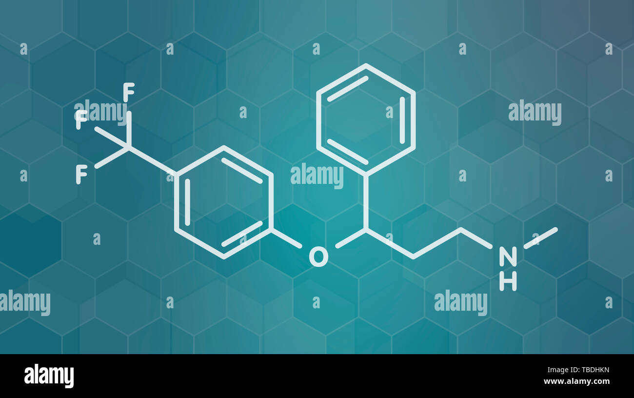 Fluoxetine antidepressant drug (SSRI class) molecule. White skeletal ...