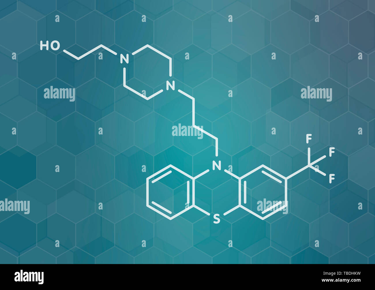 Fluphenazine antipsychotic drug molecule. White skeletal formula on ...