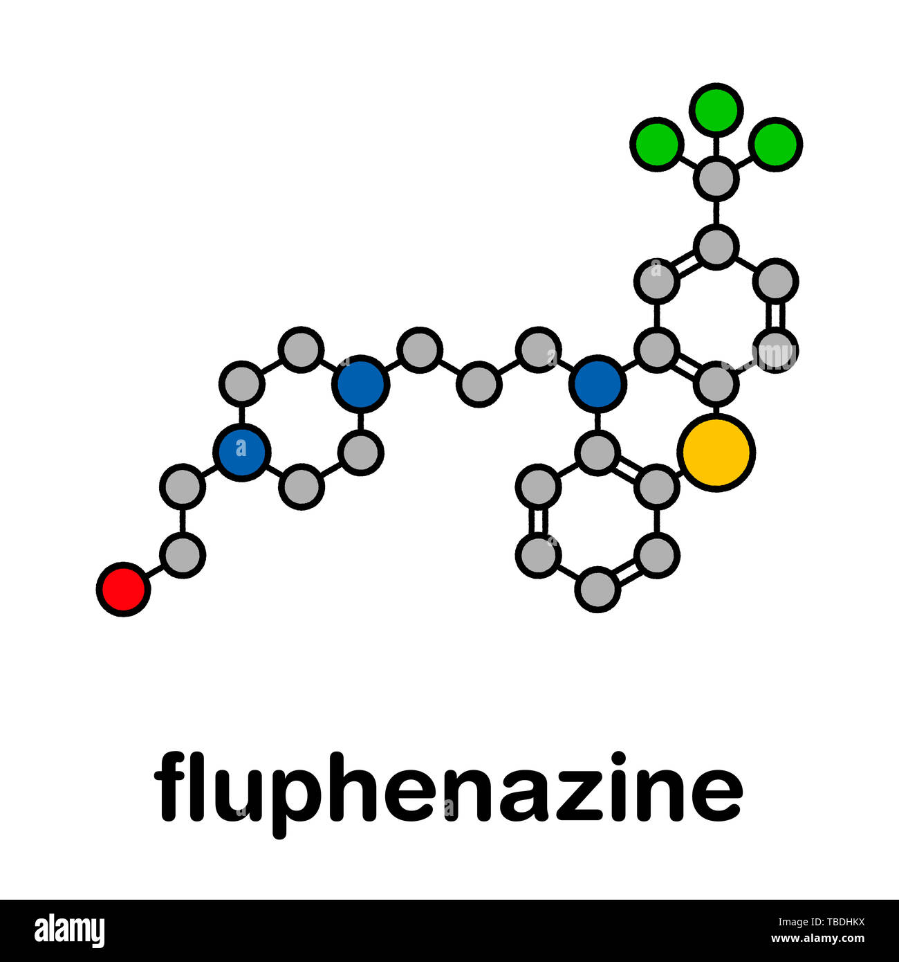 Fluphenazine antipsychotic drug molecule. Stylized skeletal formula ...