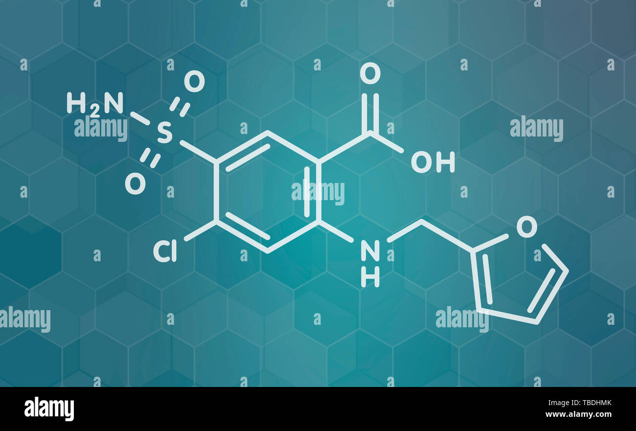 Furosemide diuretic drug molecule. Medically used to treat hypertension ...