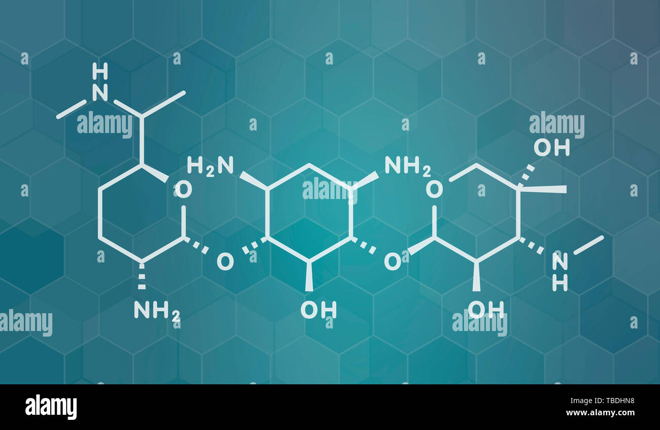 Gentamicin antibiotic drug (aminoglycoside class) molecule. White ...