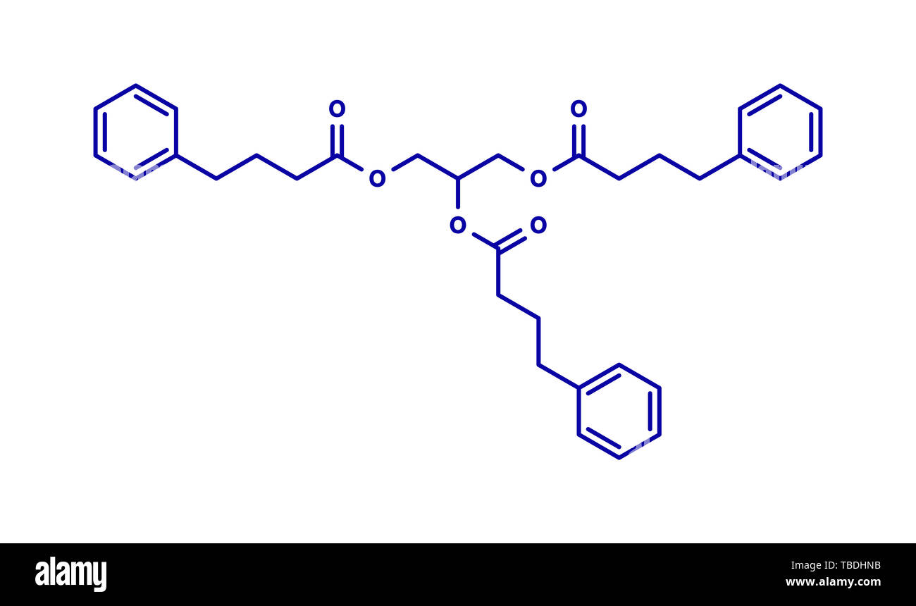 Glycerol phenylbutyrate urea cycle disorder drug molecule. Blue ...