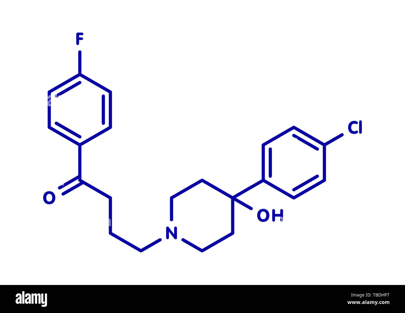 Haloperidol antipsychotic (neuroleptic) drug molecule. Blue skeletal ... Haloperidol antipsychotic (neuroleptic) drug molecule. Blue skeletal ...