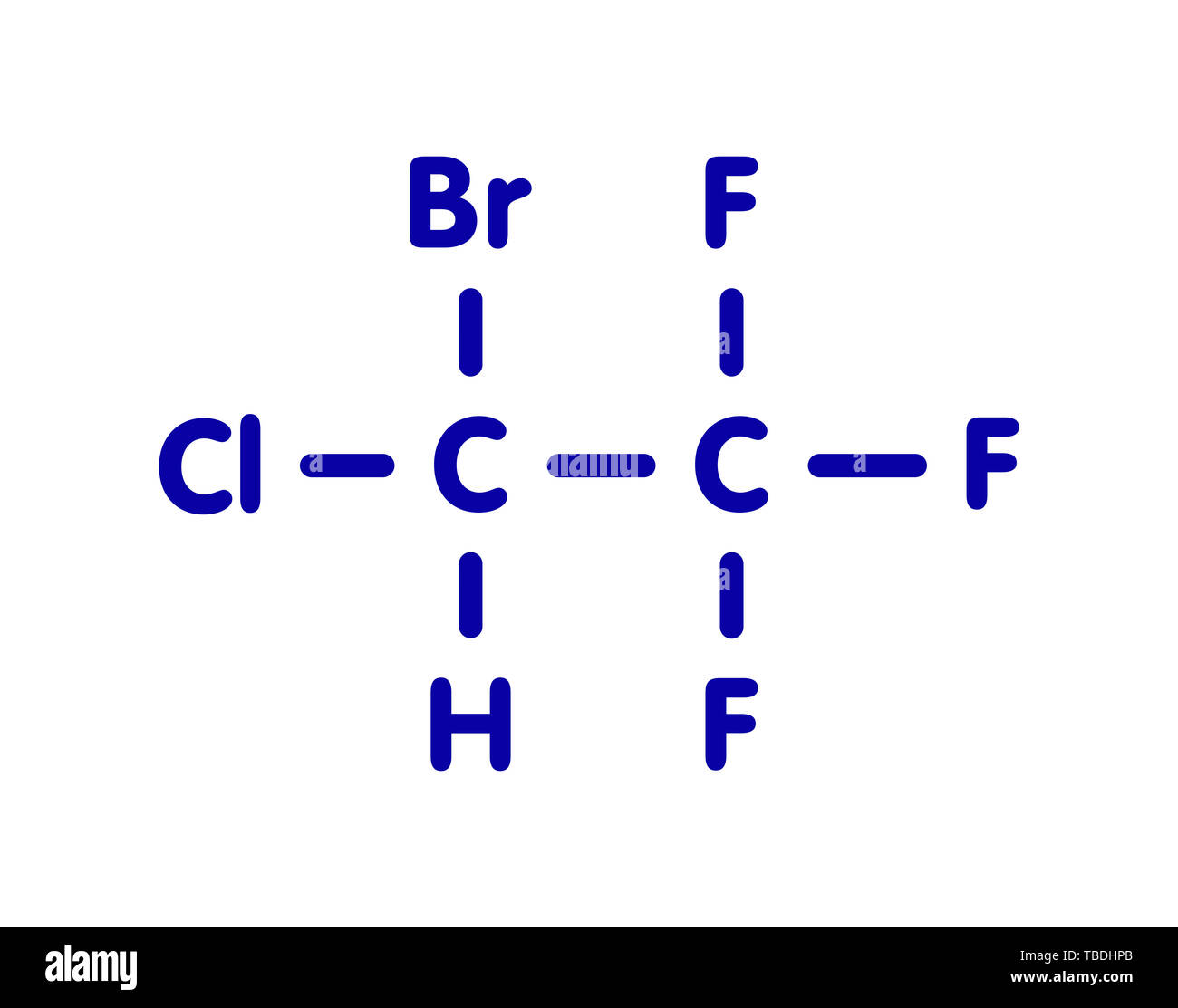Halothane general anesthetic drug molecule. Blue skeletal formula on ...