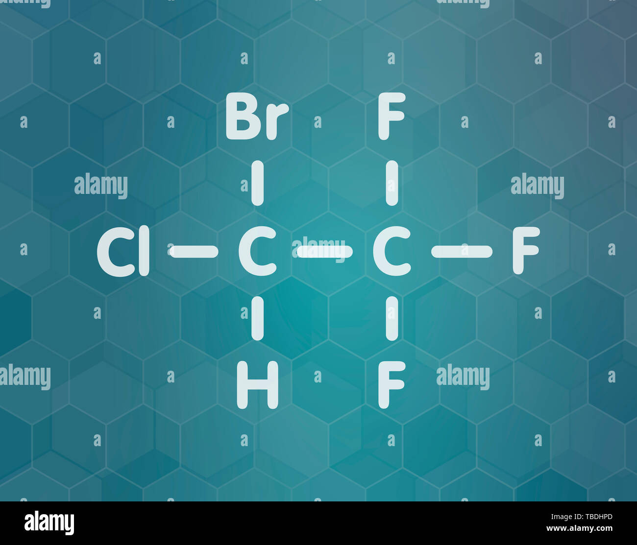 Halothane general anesthetic drug molecule. White skeletal formula on ...