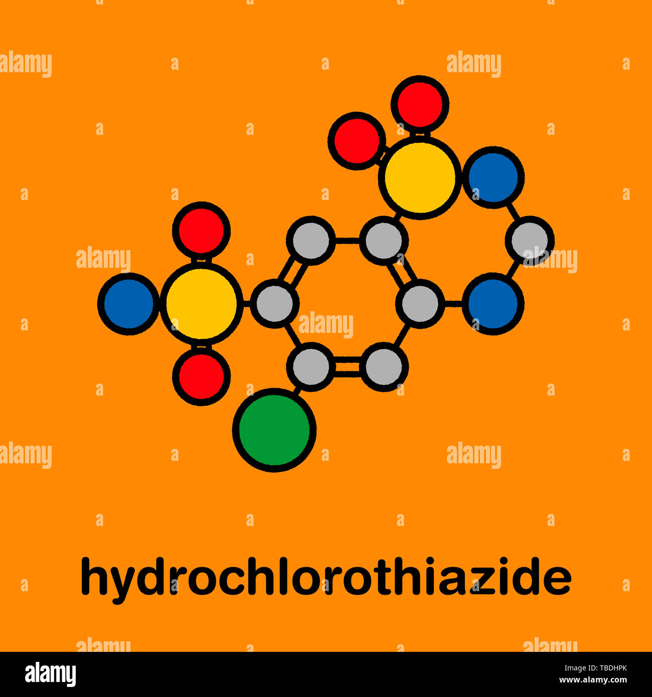 Hydrochlorothiazide diuretic drug molecule. Stylized skeletal formula ...