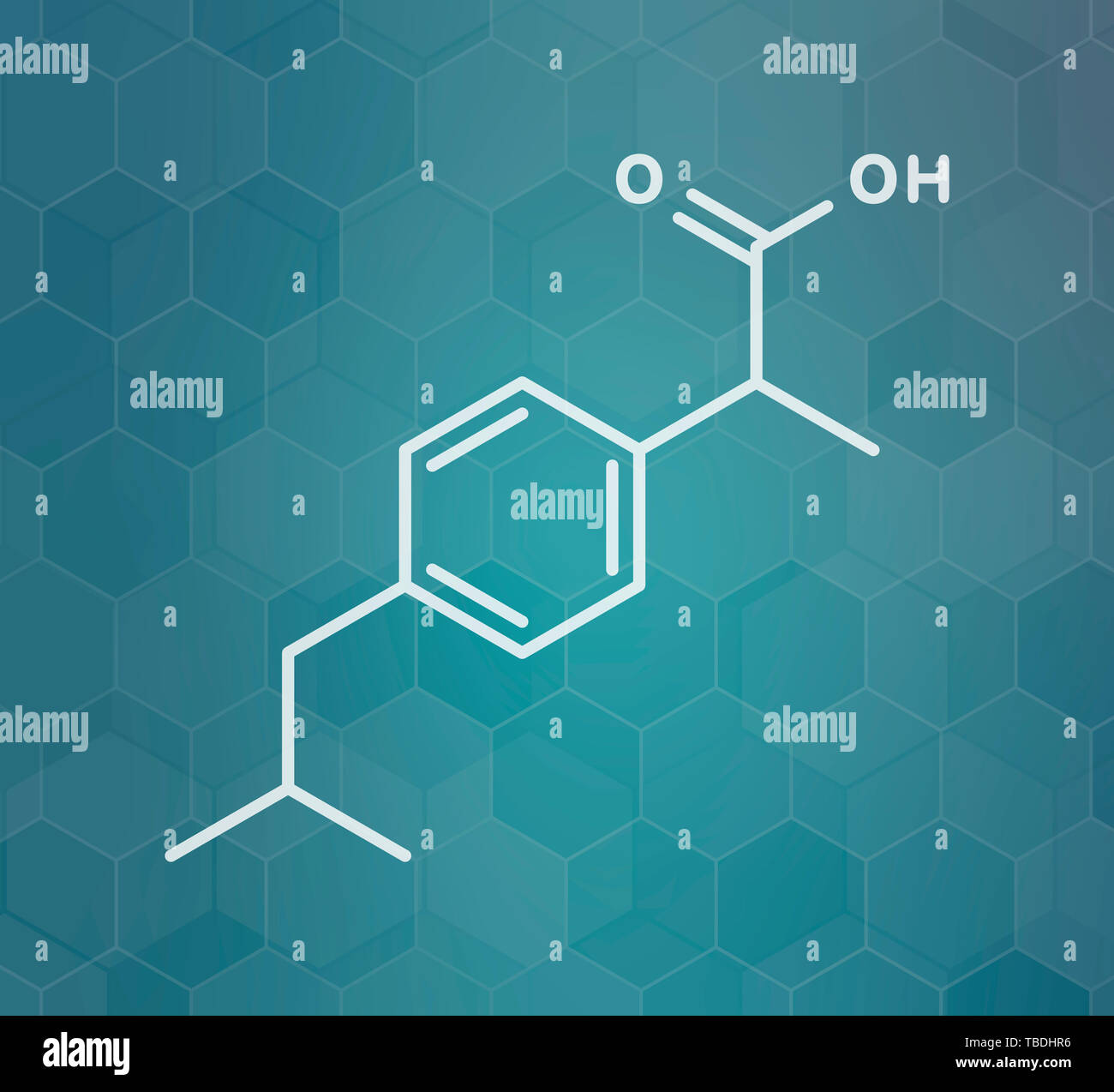 Ibuprofen pain and inflammation drug (NSAID) molecule. White skeletal ...