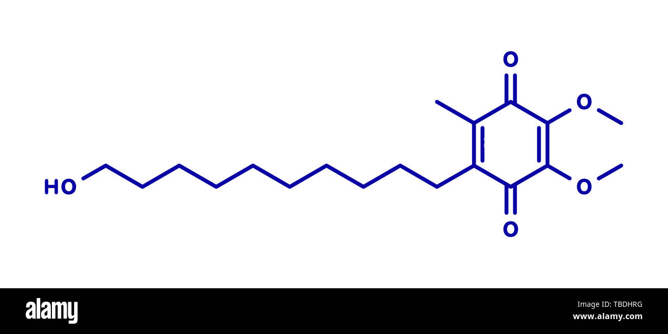 Idebenone drug molecule. Blue skeletal formula on white background ...